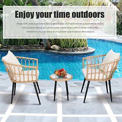 SoarFlash 3 Pieces Outdoor Wicker Bistro Set Rattan Conversation Set with Coffee Table, Patio Chair Set for Lawn, Garden,Backyard, Beige