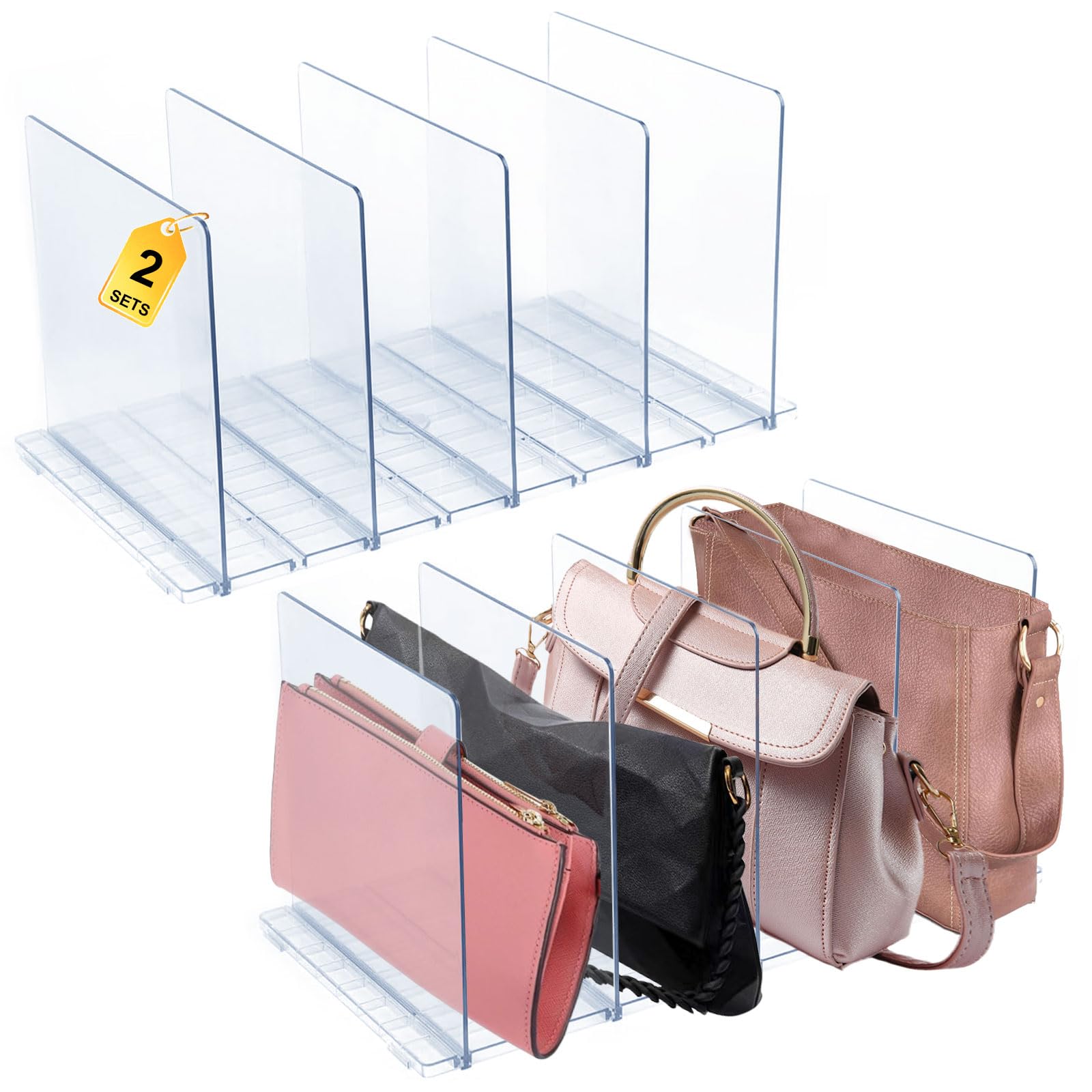 storasier Purse Organizer for Closet 2 PACK,Clear Closet Bag Storage Dividers Rack,Shelf Dividers for Closet Organization,Handbag Organizer