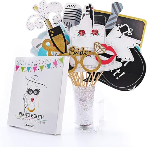 Wedding Photo Booth Props Kit, Konsait Bridal Shower Photo Booth Prop with Wooden Dowels for Wedding Shower Party Supplies (52 Counts)