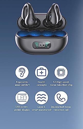 QLXAQLX Clip Bone Conduction Headphones Clip-on Wireless Earbuds Built-in Mic Sweat Resistant Noise Cancelling Earphones Open Ear Design Earphones Headset for Cycling Driving led Display (White)