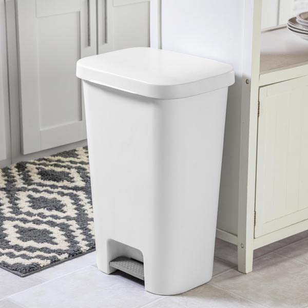 Sterilite 11.9 Gallon Trash Can with Lid, Step-on White Kitchen Garbage Can for Bathroom, Bedroom, Home, and Outdoor, Wholesalehome Cleaning Cloth Included