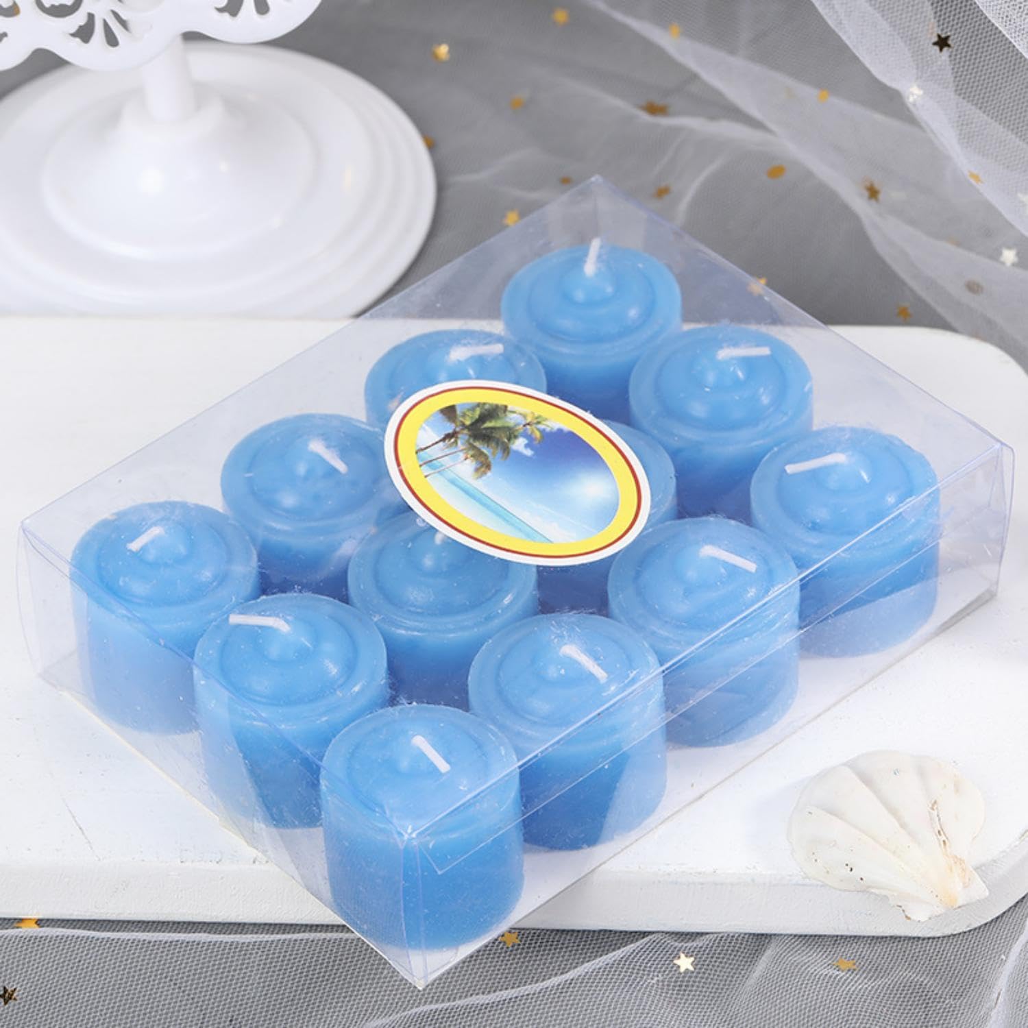 Tea Candles Round Romantic Candle Tealight Small Sweet Wedding Party 12 Pack Home 2-2.5 Hours Burn Time Votive Parties Bulk Birthday Halloween Emergency Family Dinner Hotel Ktv Bar (Blue)