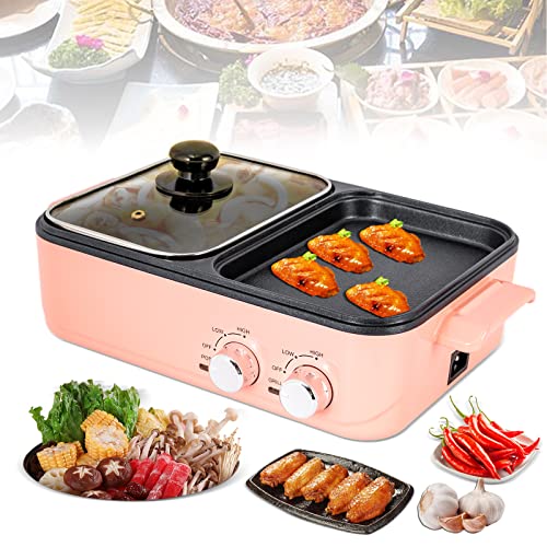TFCFL Electric Grill and Hot Pot, 2 in 1 Non-Stick Barbecue Hot Pot Grill with Dual Temp Control, 1200-1500W, 2L, Mini Smokeless Korean BBQ/Shabu (Pink)