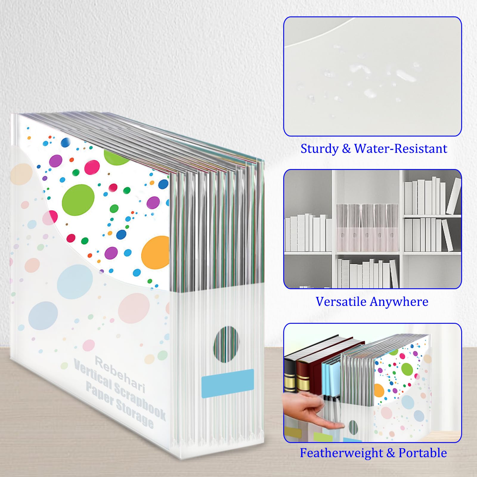 Rebehari 12"x12" Paper Storage Organizer, Vertical Scrapbook Paper Storage with 12 Pcs Sticky Index Tabs, 6 Pcs Foldable Scrapbook Paper Storage Organizer for Files, Cardstock, Magazines, Documents