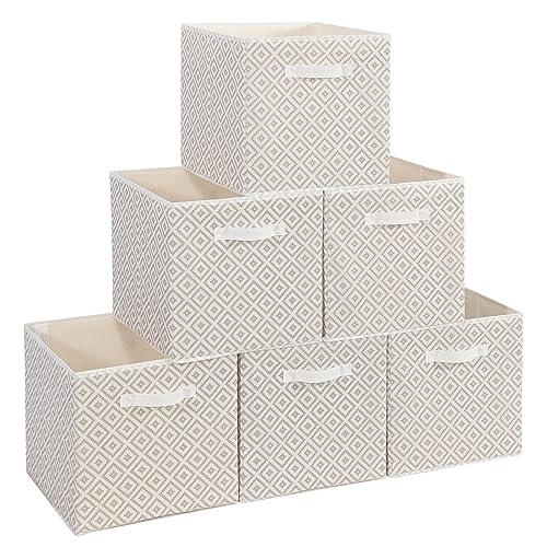 STORAGEIDEAS 13x13 Large Storage Bins, Set of 6 Storage Cubes. Collapsible Cube Storage Bins, Fabric Closet Organizers with Handles for Home, Office, Closet Shelf Cabinet, Bookcase, Cream