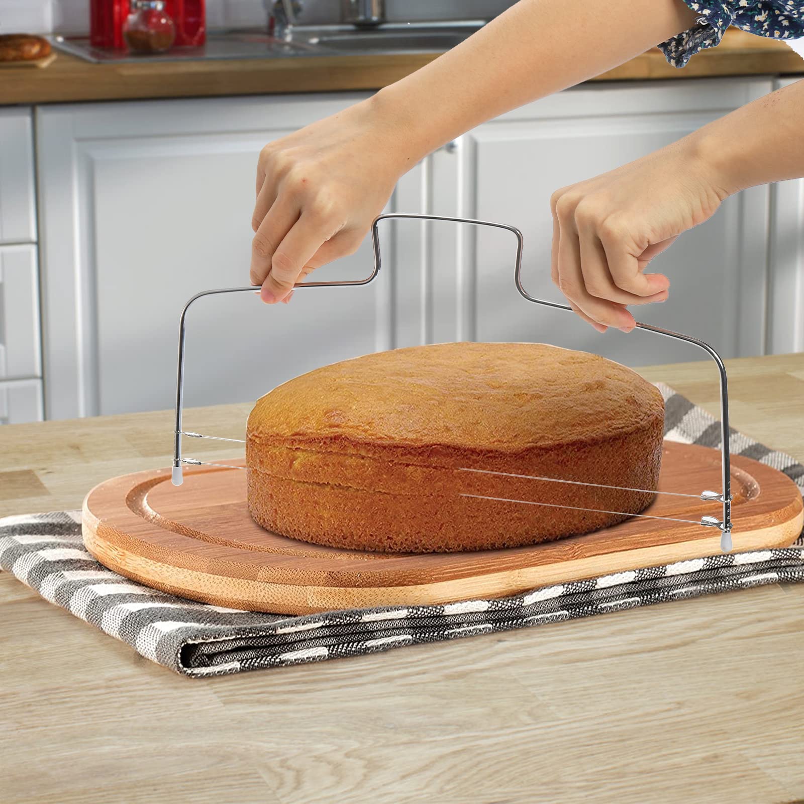 Nicunom 6 Pcs Professional Kitchen Baking Tools, 11" Adjustable Cake Leveler Cutter, 12" Double Wire Cake Slicer, 12" Stainless Steel Bread/Cake Knife with Wood Handle