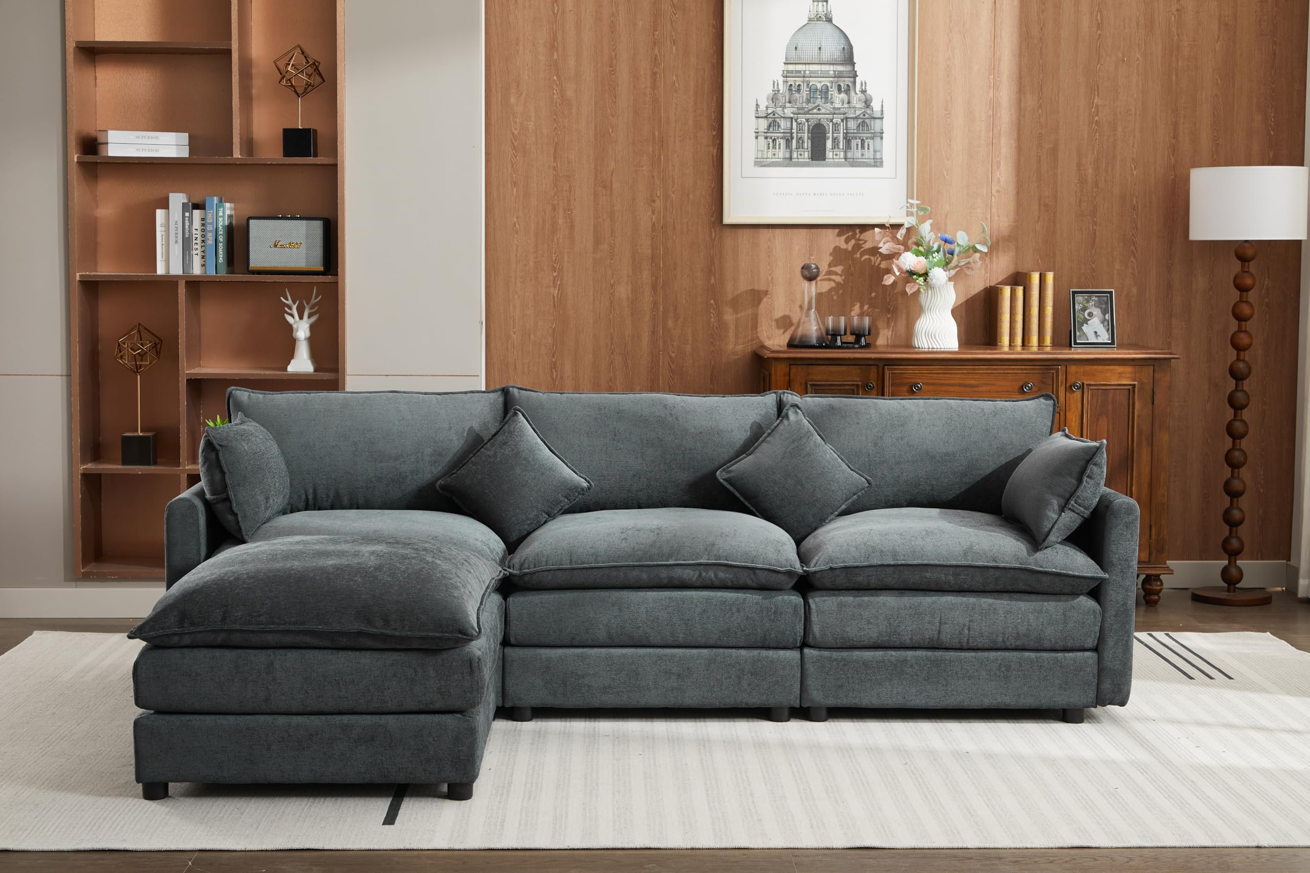 Orange Modular Sectional Sofa, 101" Modern Cloud Couch for Living Room, 3-Seater Upholstered Chenille Deep Seat Sofa, Comfy L Shaped Sectional Couch with Movable Ottoma & Pillows for Apartment Office