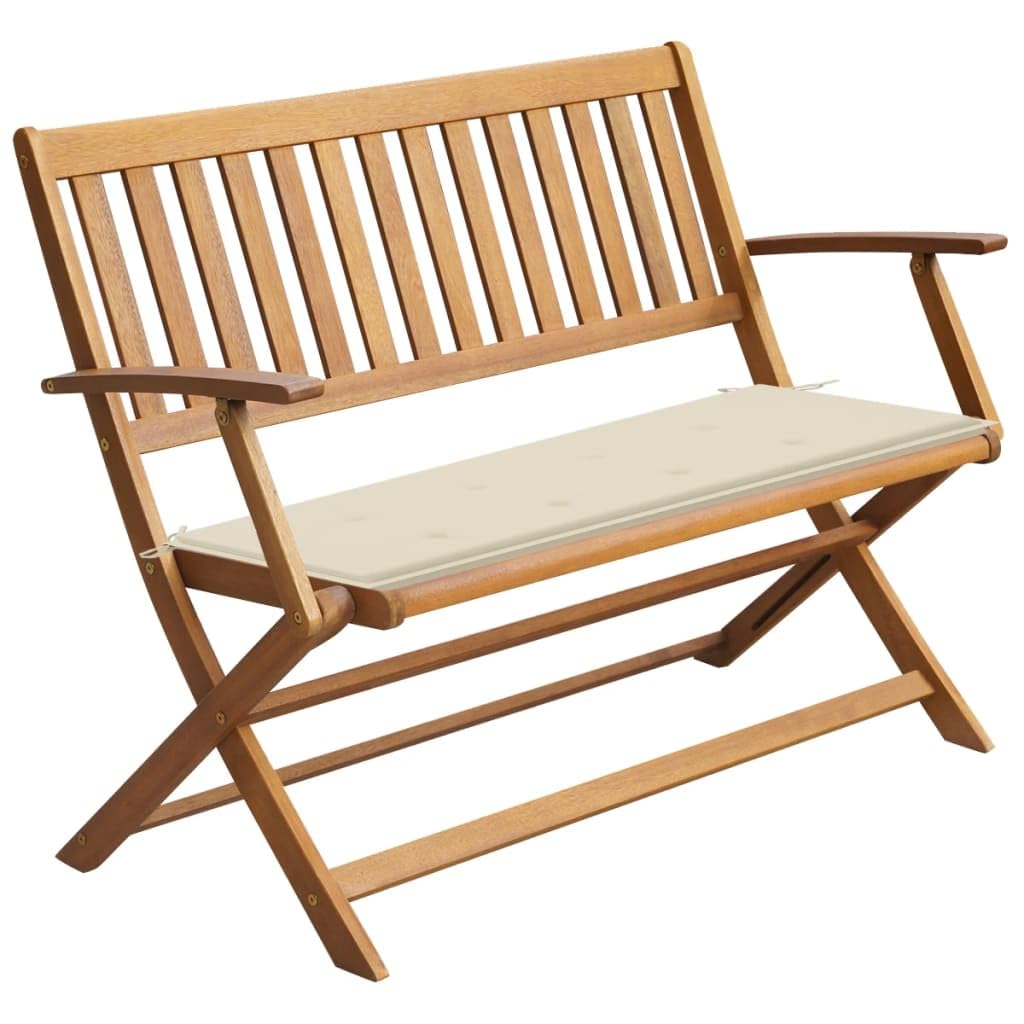 vidaXL Folding Garden Bench, Outdoor Foldable Acacia Wood Patio Bench with Cushion, Wooden Bench for Porch Balcony, Retro Style, Solid Wood Acacia