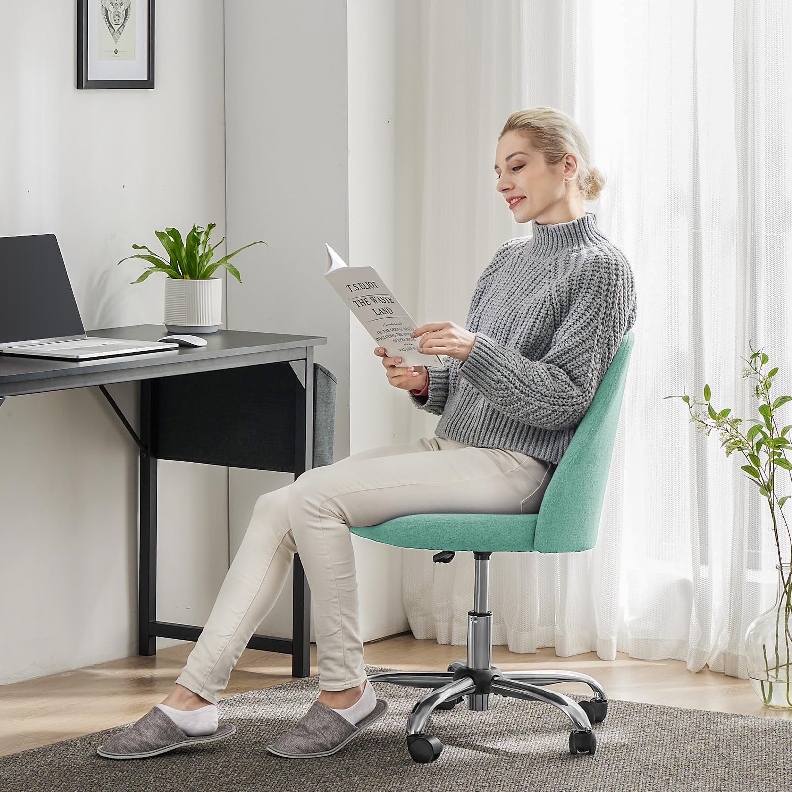 Sweetcrispy Armless Office Chair Modern Fabric Home Office Desk Chairs, Cute Desk Chair with Wheels Adjustable Swivel Task Computer Vanity Chair for Small Spaces