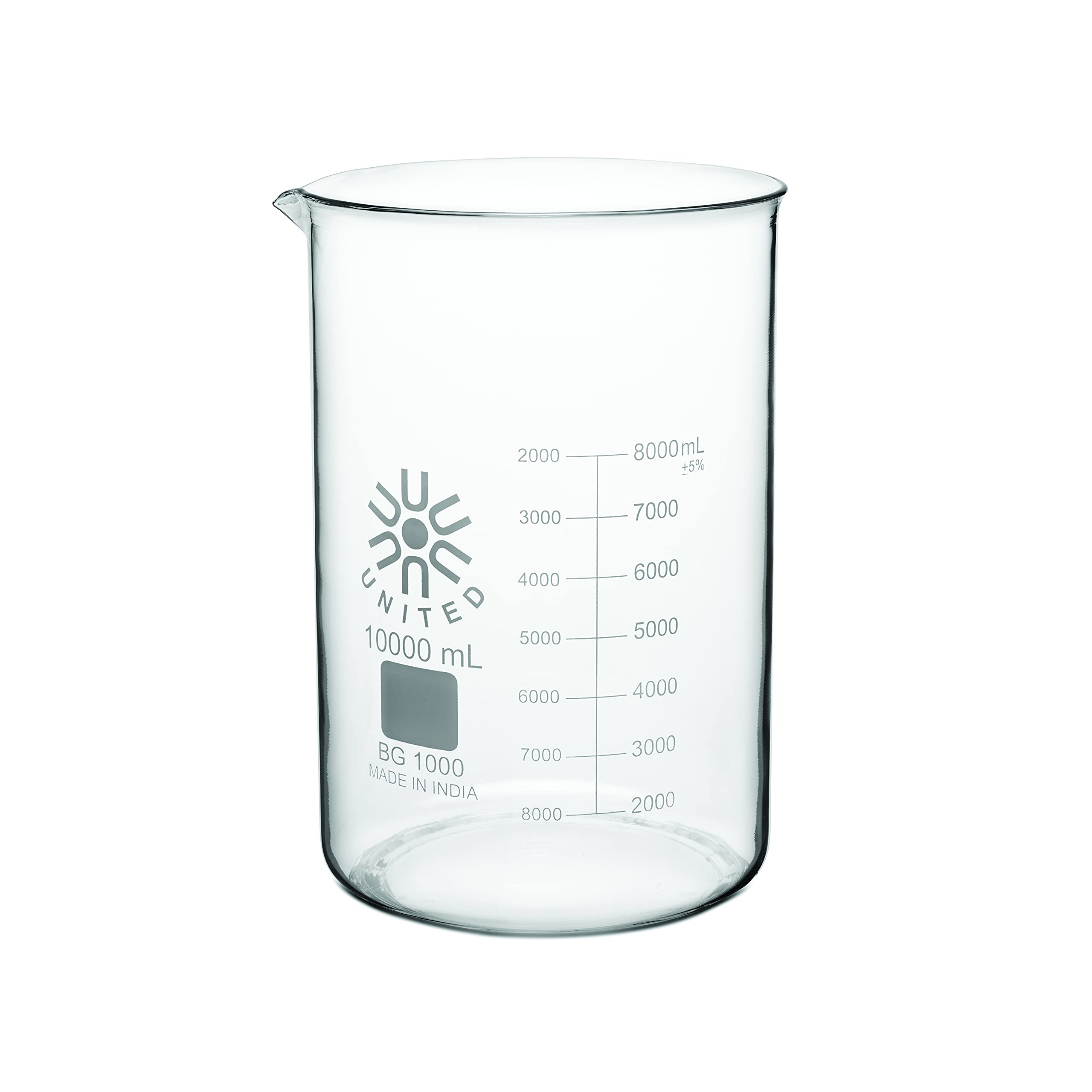 United Scientific⢠BG1000-10000 Borosilicate Laboratory Grade Glass Beakers| Griffin Style Low Form Beaker | Graduated with Spout | Designed for Laboratories & Chemistry Classrooms| 10000mL Capacity