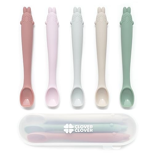 Silicone Baby Feeding Spoons-First Stage, Bendable Utensils for Infant & Parent-Baby Led Weaning, Toddler Self-Feeding & Training-Soft-Tip, Chewproof Teether l 4 Months + [5 Pack with a Portable Case]