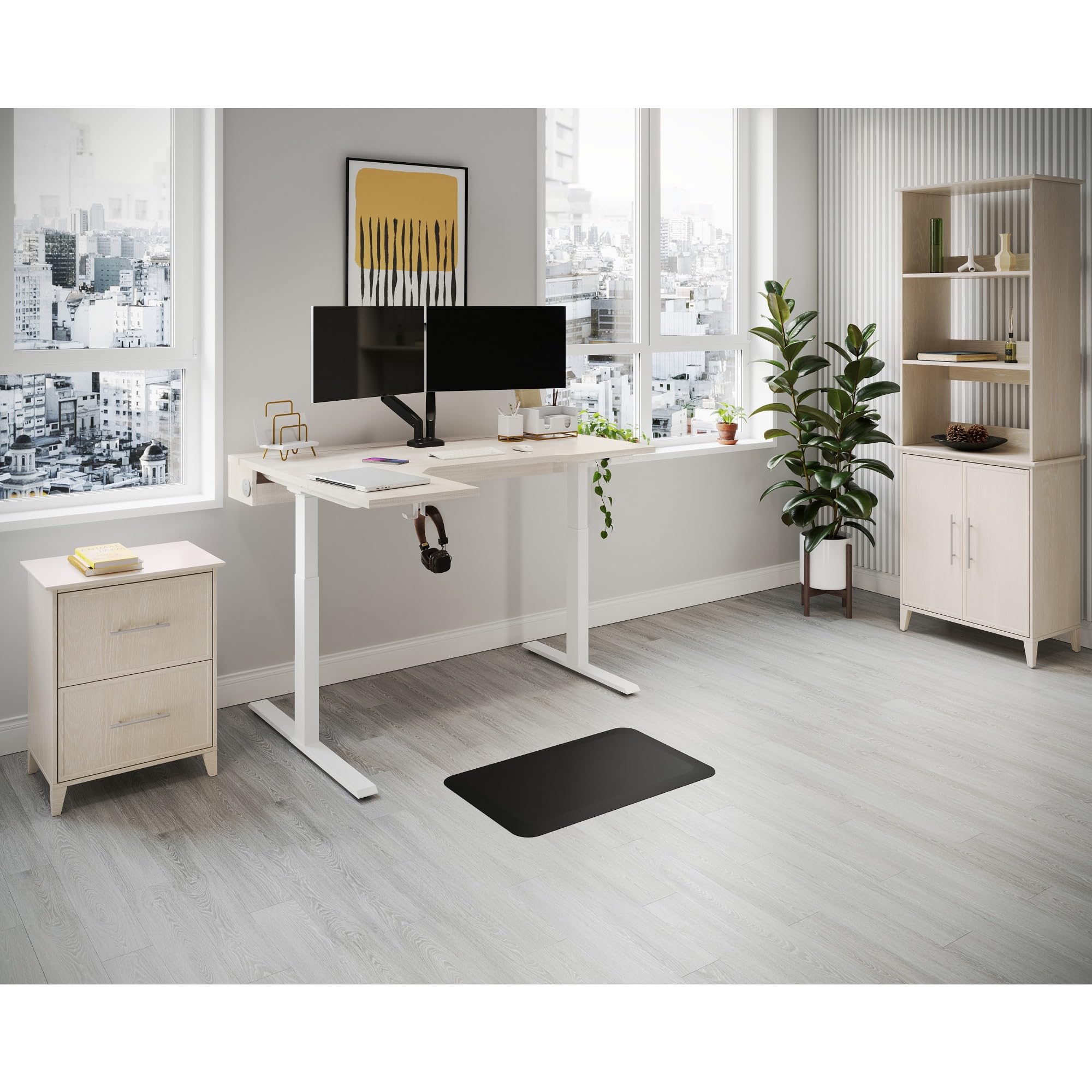 RealspaceĀ® Koru Electric 59"W L-Shaped Height-Adjustable Standing Desk with Integrated Power & Charging, Natural Oak