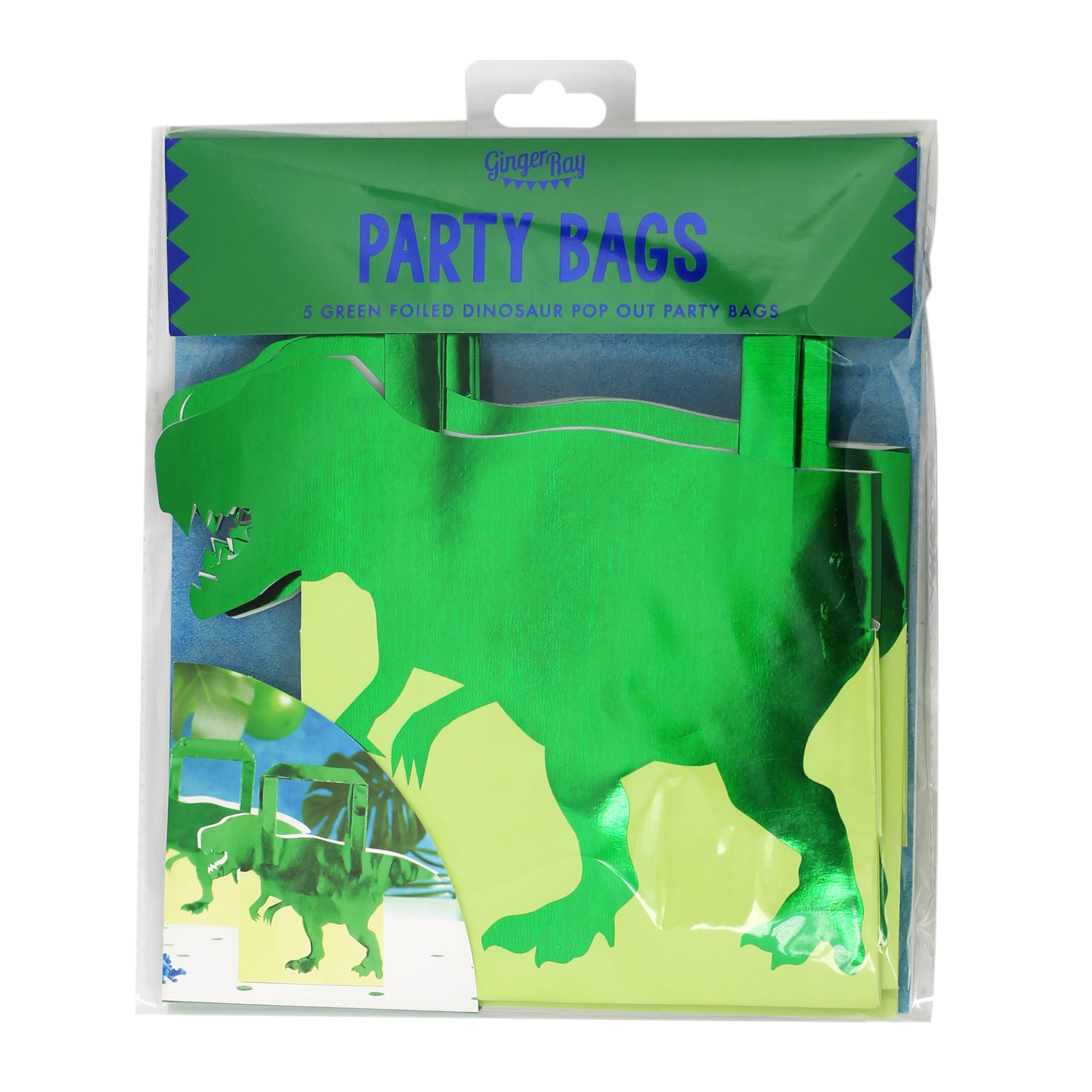 Ginger Ray Green Foiled Dinosaur Shaped Kids Boys Party Bags 5 Pack Roarsome