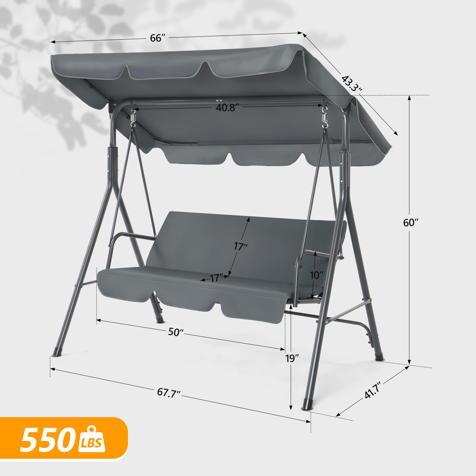VINGLI Heavy Duty 550 LBS Upgraded 2 Person Outdoor Porch Swing with Stand, Adjustable Canopy Swing with Cushions & Steel Frame for Yard, Pool, Lawn, Indoors (Grey)