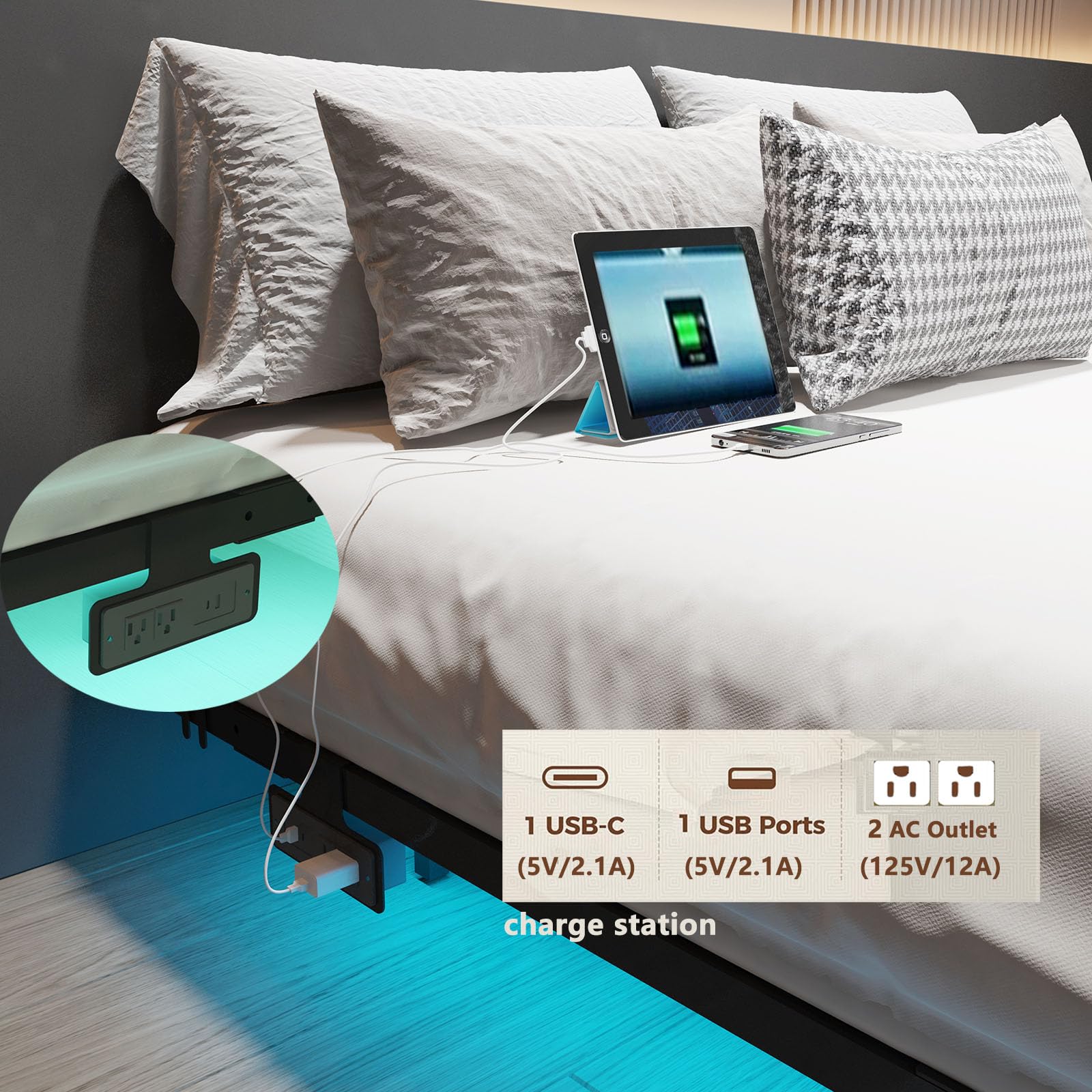 Muluflower Floating Bed Frame Cal King Size with LED Lights, Metal Platform Bed Frame, No Box Spring Needed, Easy Assembly, (Cal King)