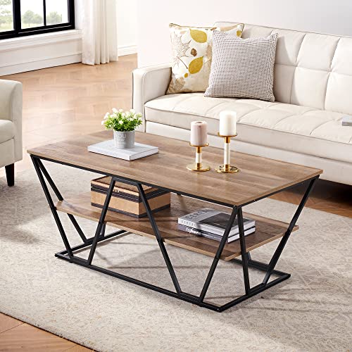 TTHAETUR Industrial Coffee Table for Living Room, 47inch Wooden Center Table with Large Storage Shelf, 2-Tier Mid Century Modern Coffee Table, Rustic Oak