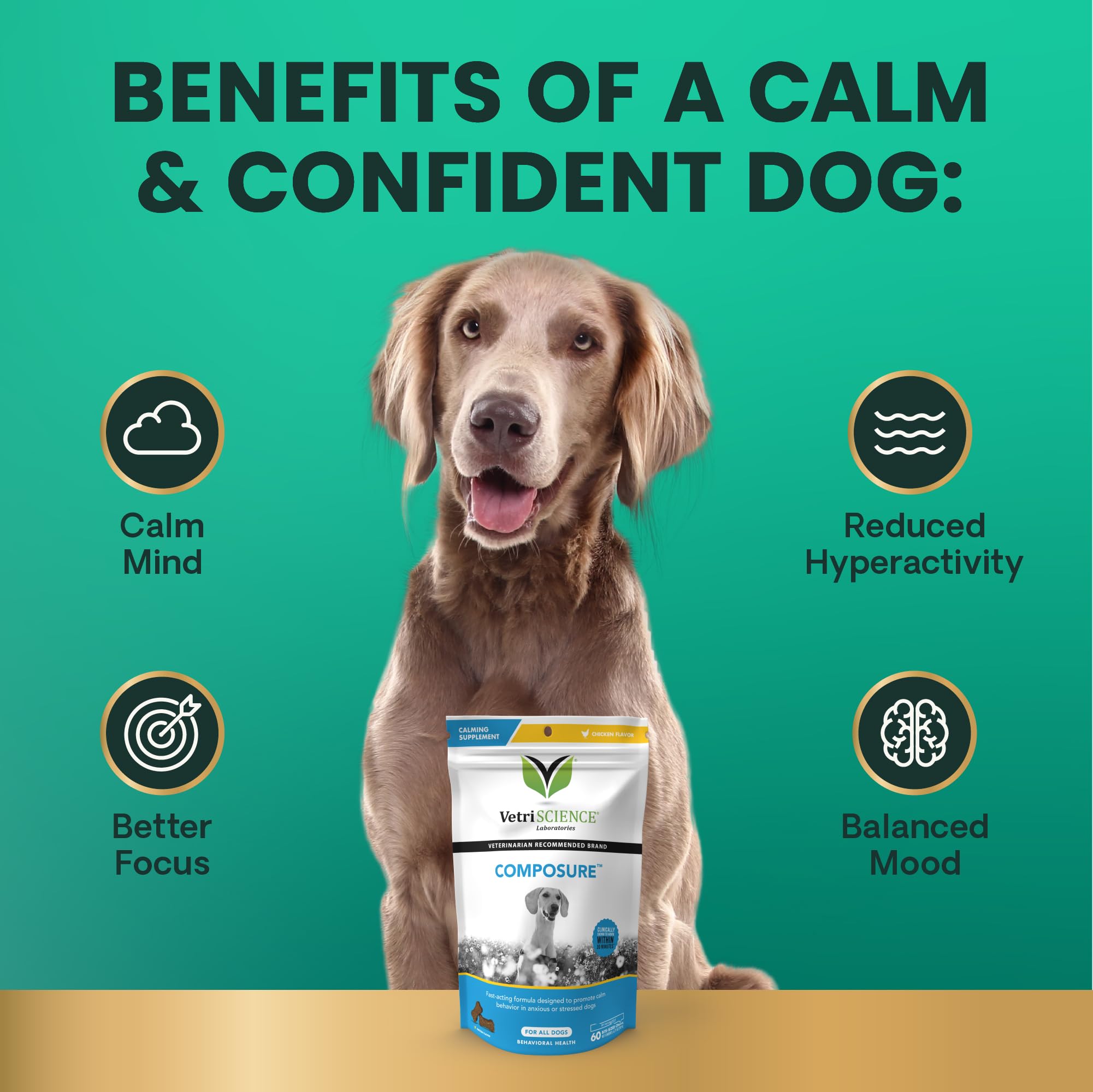 VetriScience Composure Calming Chews for Dogs - Clinically Proven Dog Anxiety Relief Supplement with Colostrum, L-Theanine & Vitamin B1 for Stress, Storms, Separation & More, 120 Count, Chicken Flavor