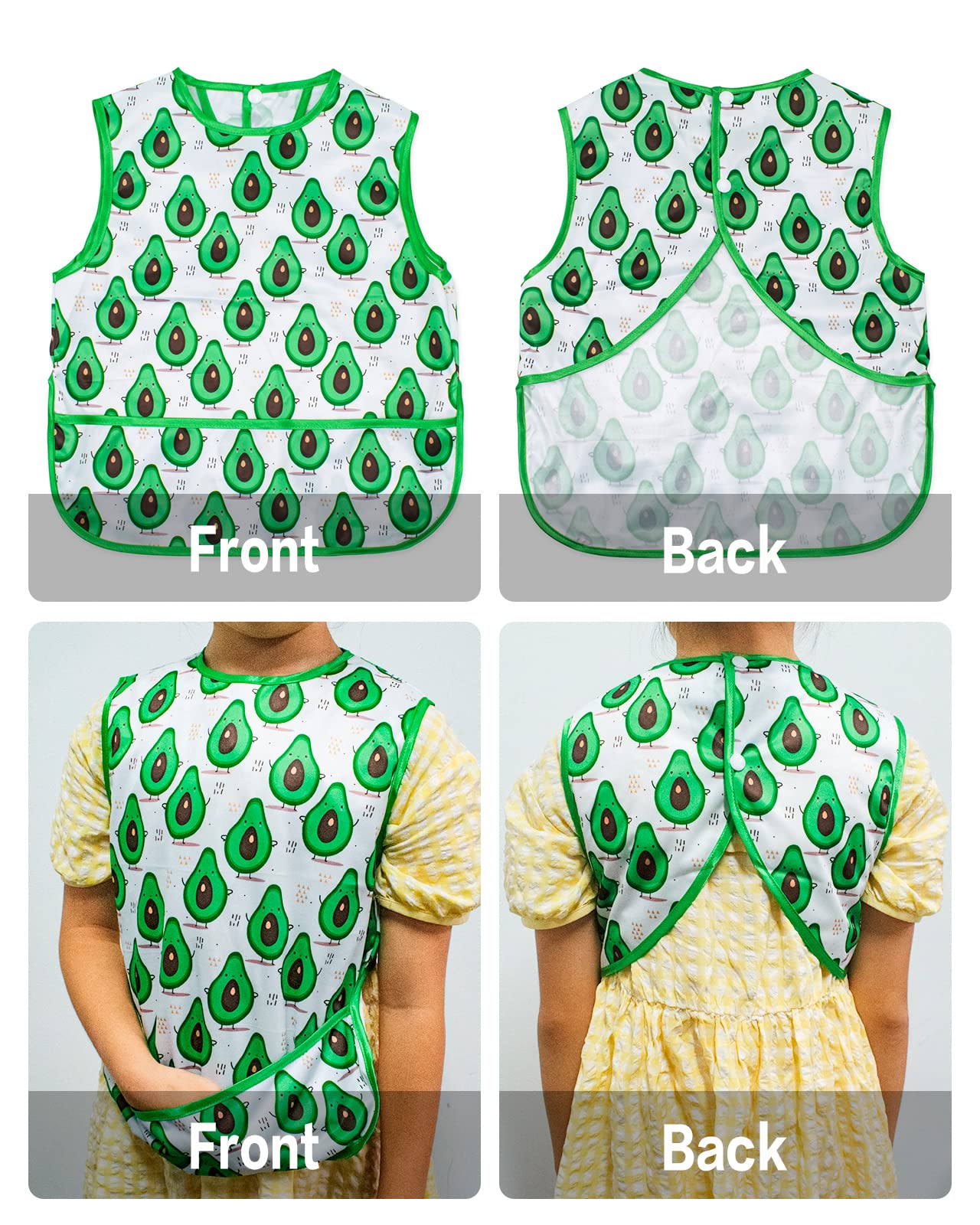 Mumsbest Waterproof Bib for Baby, 2 Pack Toddler Feeding Smock Bibs for Eating with Food Catcher & 1 Wet Bag (L：2-4Years, Green)