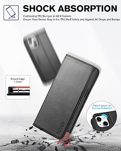 TUCCH Case Wallet for iPhone 14 6.1", [3 Card Holder] Slots Folio PU Leather Cover, [RFID Blocking] Stand Flip Case with [TPU Shockproof Interior Case] Compatible with iPhone 14 2022, Classic Black