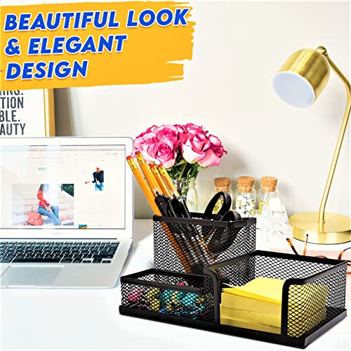 SAWYBISH 2 Pack 3 in 1 Mesh Pen Holder for Desk, 3 Compartments Pencil Holder Desk Organizer Caddy with Sticky Notes Holder Easy Storage Suitable for Home, Office and School