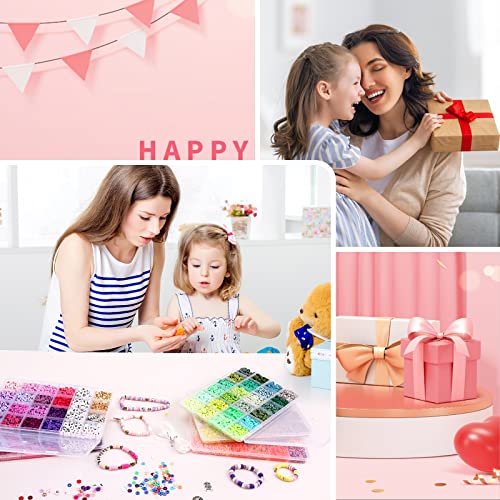 QUEFE 14000pcs, 136 Colors Clay Beads for Bracelet Making Kit Flat Round Polymer Clay Beads Spacer Heishi Beads for Jewelry Making with Pendant Charms Kit Letter Beads and Elastic Strings