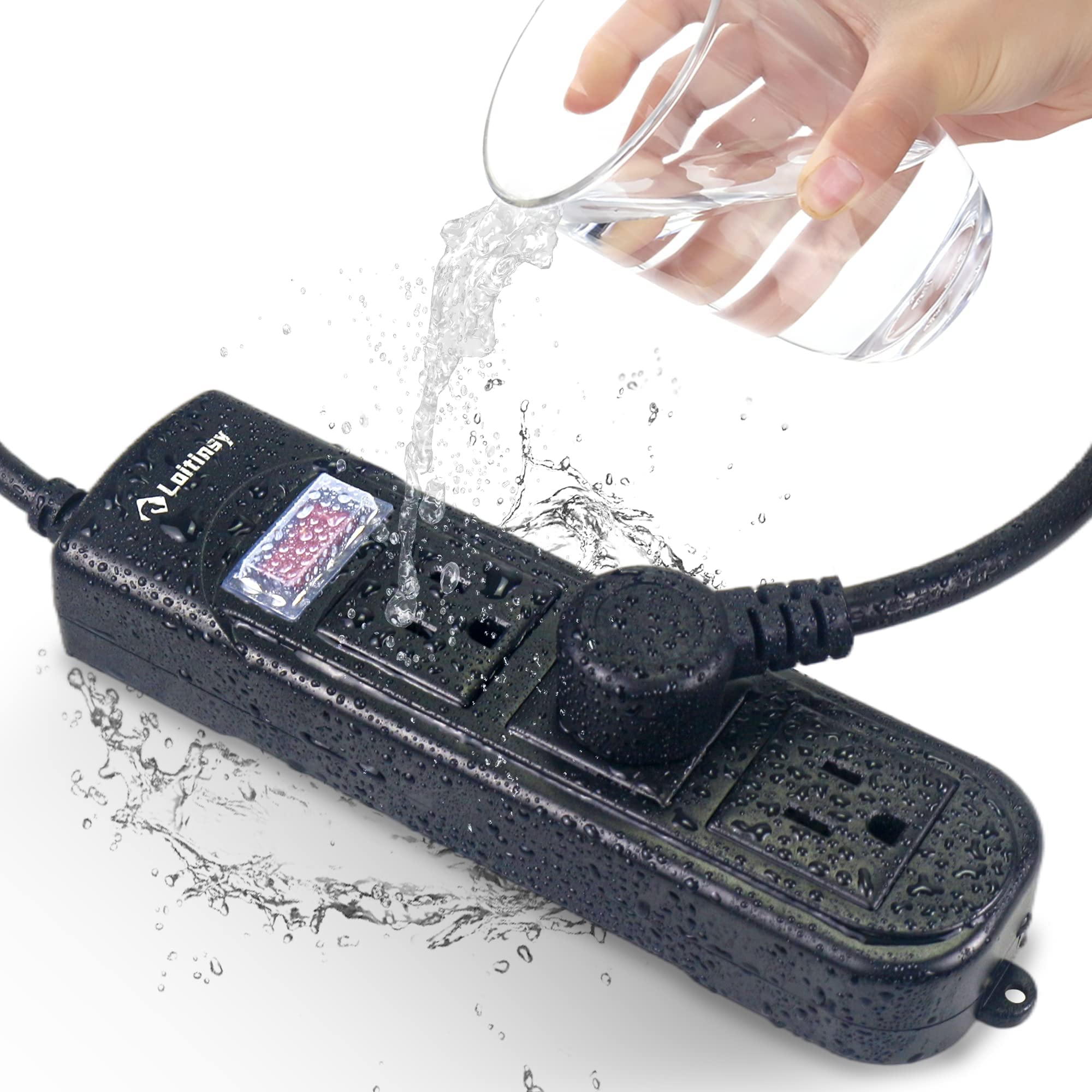 Loitinsy Outdoor Power Strip Weatherproof, Waterproof Flat Plug with 3 Outlets, 6.5 FT Extension Cord, Overload Protection and Shockproof, Suitable for Home and Outside, Wall Mountable, Black