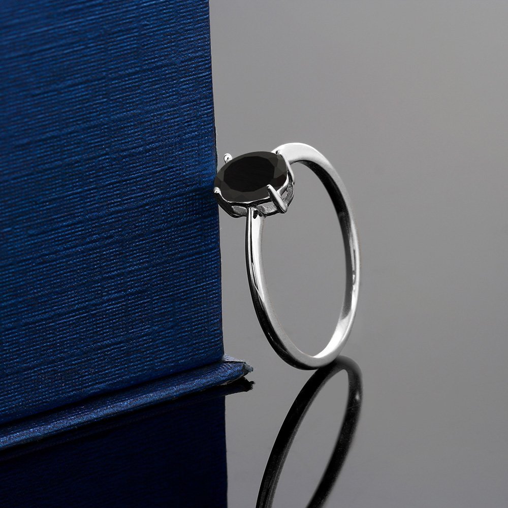 Gem Stone King 10K White Gold Black Onyx Solitaire Engagement Ring For Women (0.80 Cttw, Oval 7X5MM, Gemstone December Birthstone, Size 5)