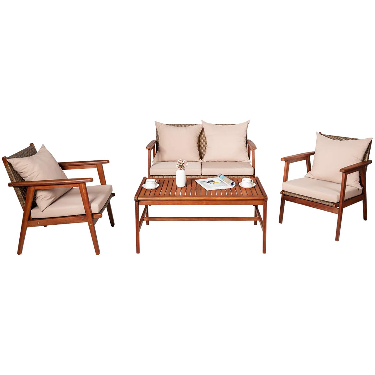 Tangkula 4 PCS Patio Wood Sofa Set, Outdoor Acacia Wood Seating Chat Set with Cushions & Coffee Table, Sectional Conversation Sofa Set for Garden, Backyard, Poolside (1, Brown)