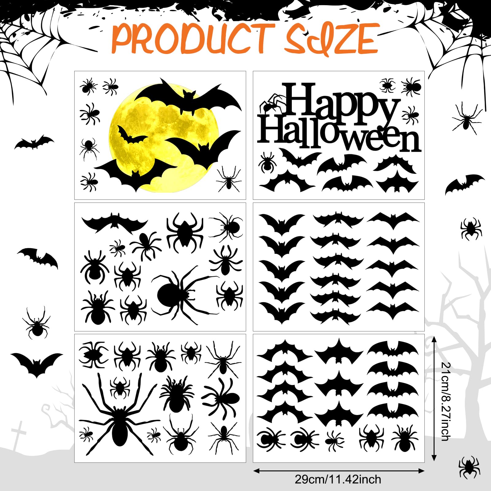 Qeeenar 76 Pcs Halloween Moon Wall Decal Halloween Bat Wall Stickers Vinyl Bat Wall Decals Halloween Removable Halloween Spiders Wall Sticker Halloween Bats Wall Decals Party Decorations, 6 Sheets