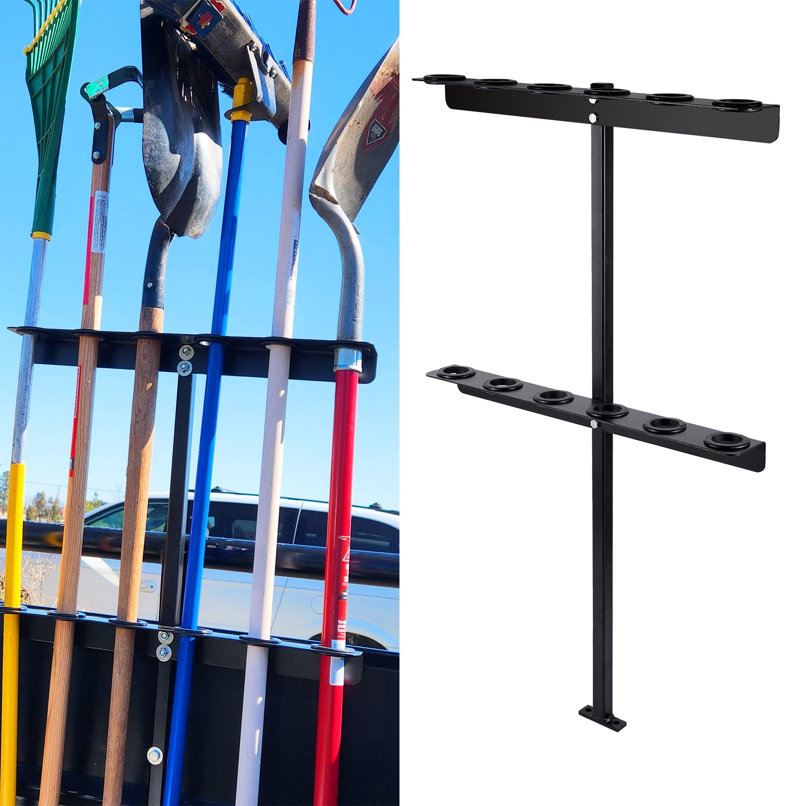 TECTRUC Vertical Hand Rack Landscape Hand Tool Rack,6 Holes Long Handle Tool Storage Holder for Truck Trailer& Garage or Shed Walls Holds 6 Tools for Shovels, Rakes, Hoes(1 Pack, Black)