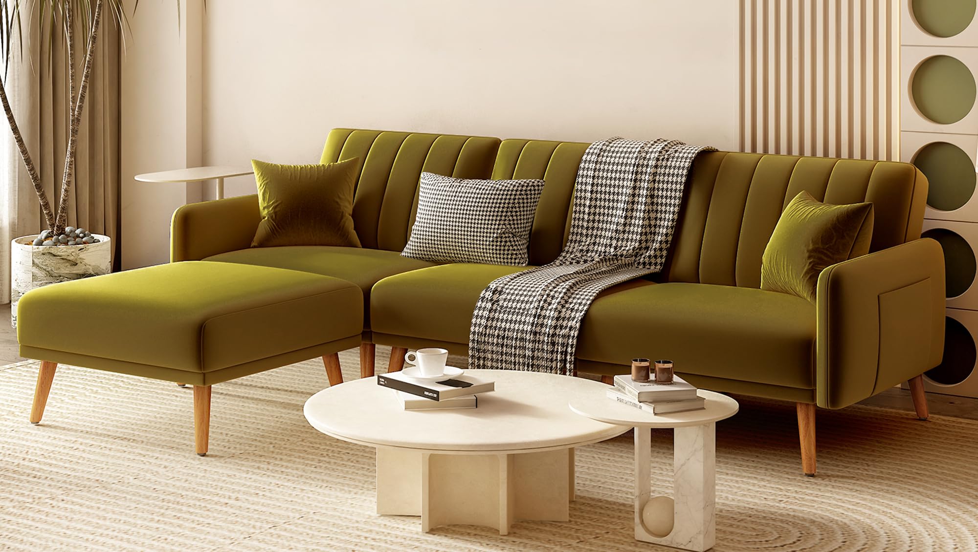 UPHYB 105" L-Shaped Velvet Sectional Sofa Couch, Modern Convertible Sleeper Sofa Bed with Adjustable Backrest, 2 Pillows and Ottoman, Modular Sofa Couch for Living Room and Apartment