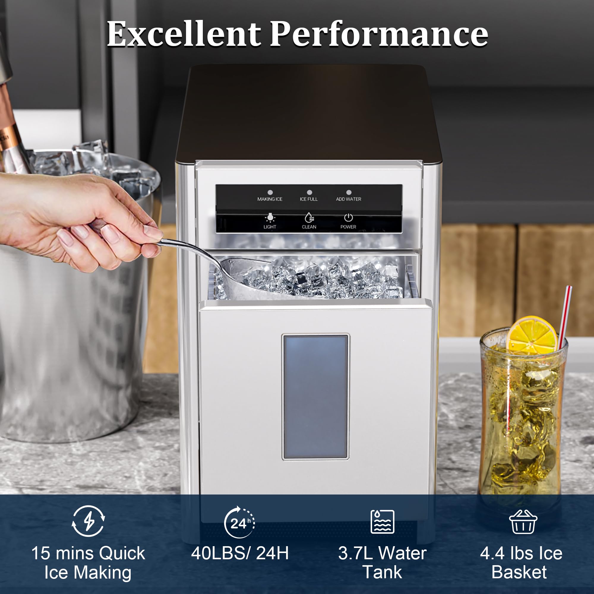 Rosmena Nugget Ice Maker, 40Lbs/24H Countertop Ice Maker, Self-Cleaning Pellet Ice Machine with 4.4 Lbs Basket, Auto Water Refill, Chewable Pebble Ice Maker for Home Kitchen Party, Stainless Steel