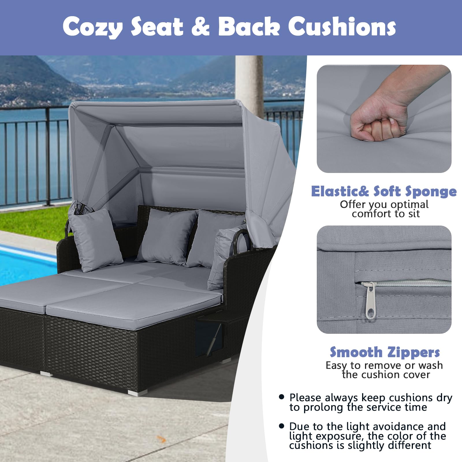 Tangkula Patio Rattan Daybed with Retractable Canopy, Patiojoy Wicker Sun Lounger with 2 Foldable Side Panels, Thick Seat & Back Cushions, for Garden, Backyard, Porch (Grey)