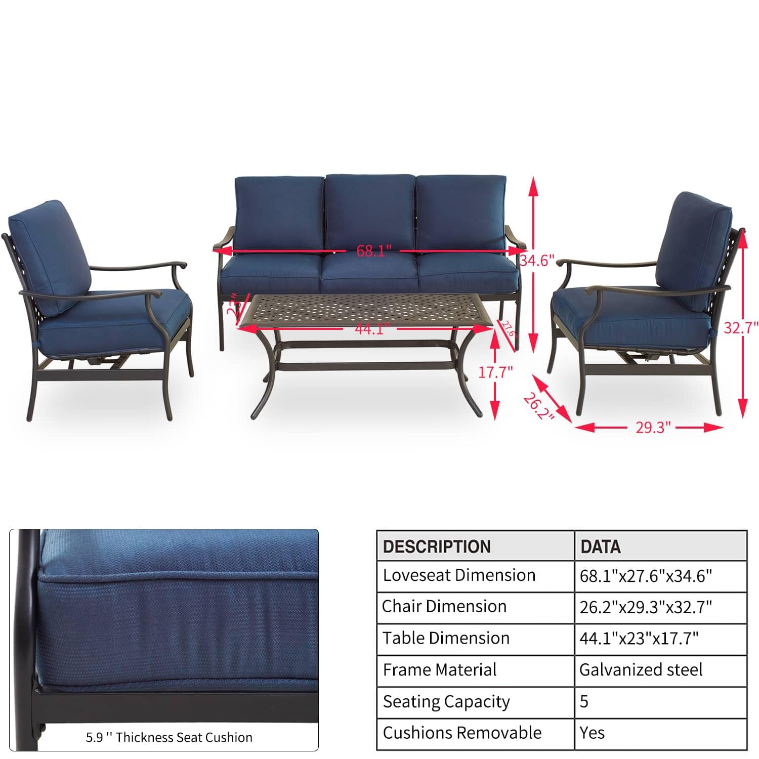 PatioFestival Patio Conversation Set 4Pcs Cushioned Outdoor Furniture Sets with All Weather Galvanized Steel Frame (Blue)