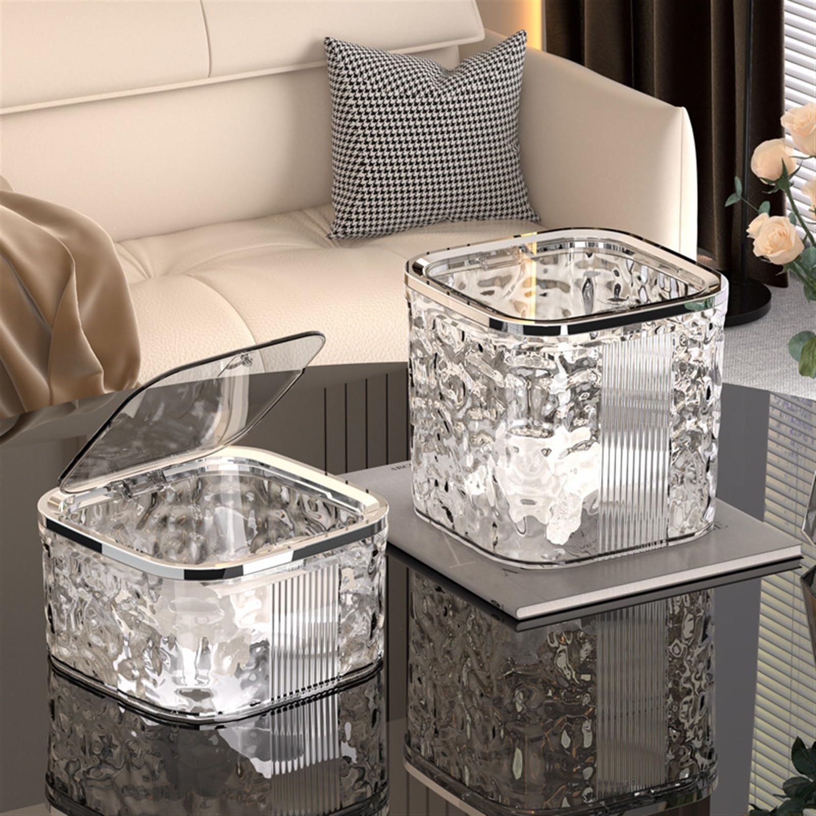 RSPGMKIX Desktop Trash Can Push-Type Living Room Light Luxury Sundries Bucket Car Home Desk Restaurant Storage Barrel Trash Basket(Clear,B)
