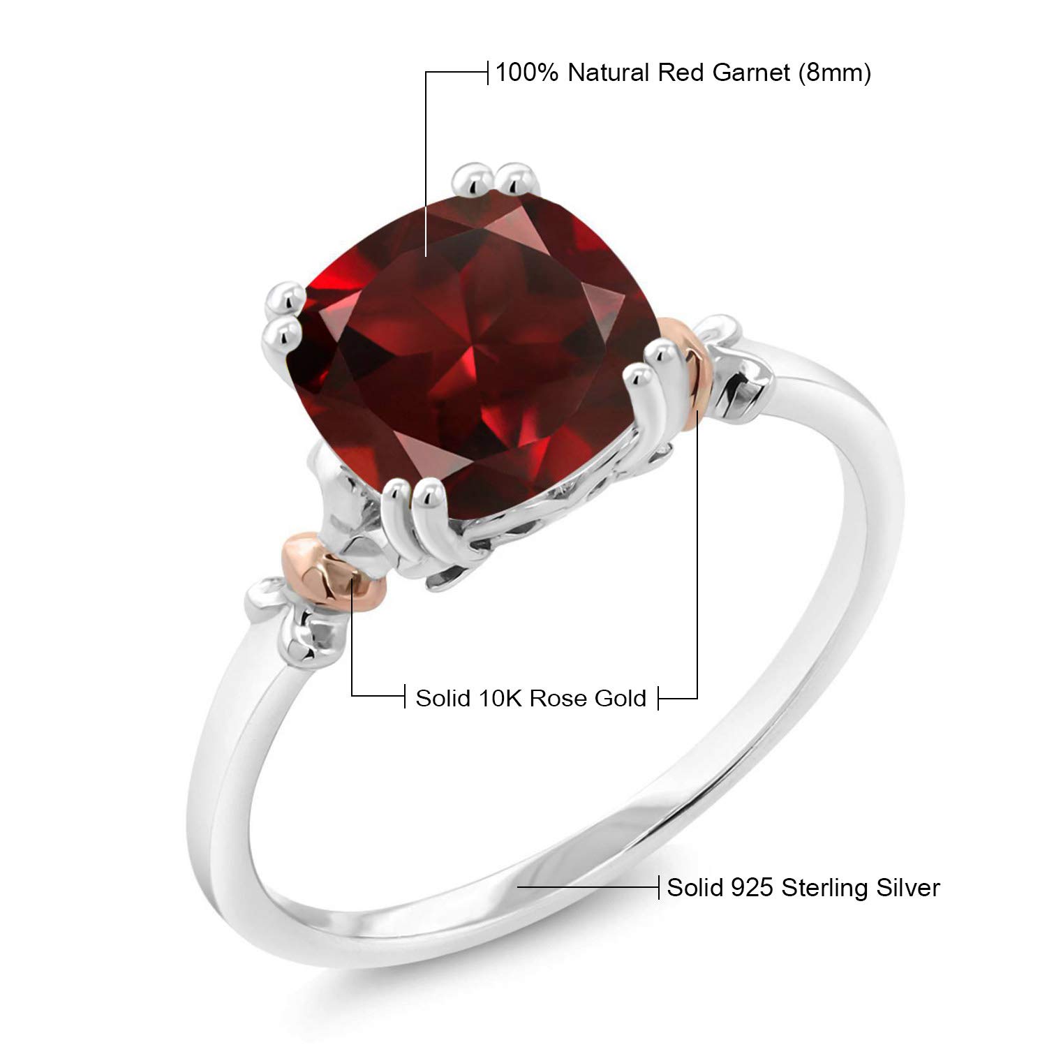 Gem Stone King 925 Sterling Silver & 10K Rose Gold 8MM Cushion Gemstone Birthstone Engagement Ring | Wedding Anniversary Promise Ring For Women | Size 5,6,7,8,9