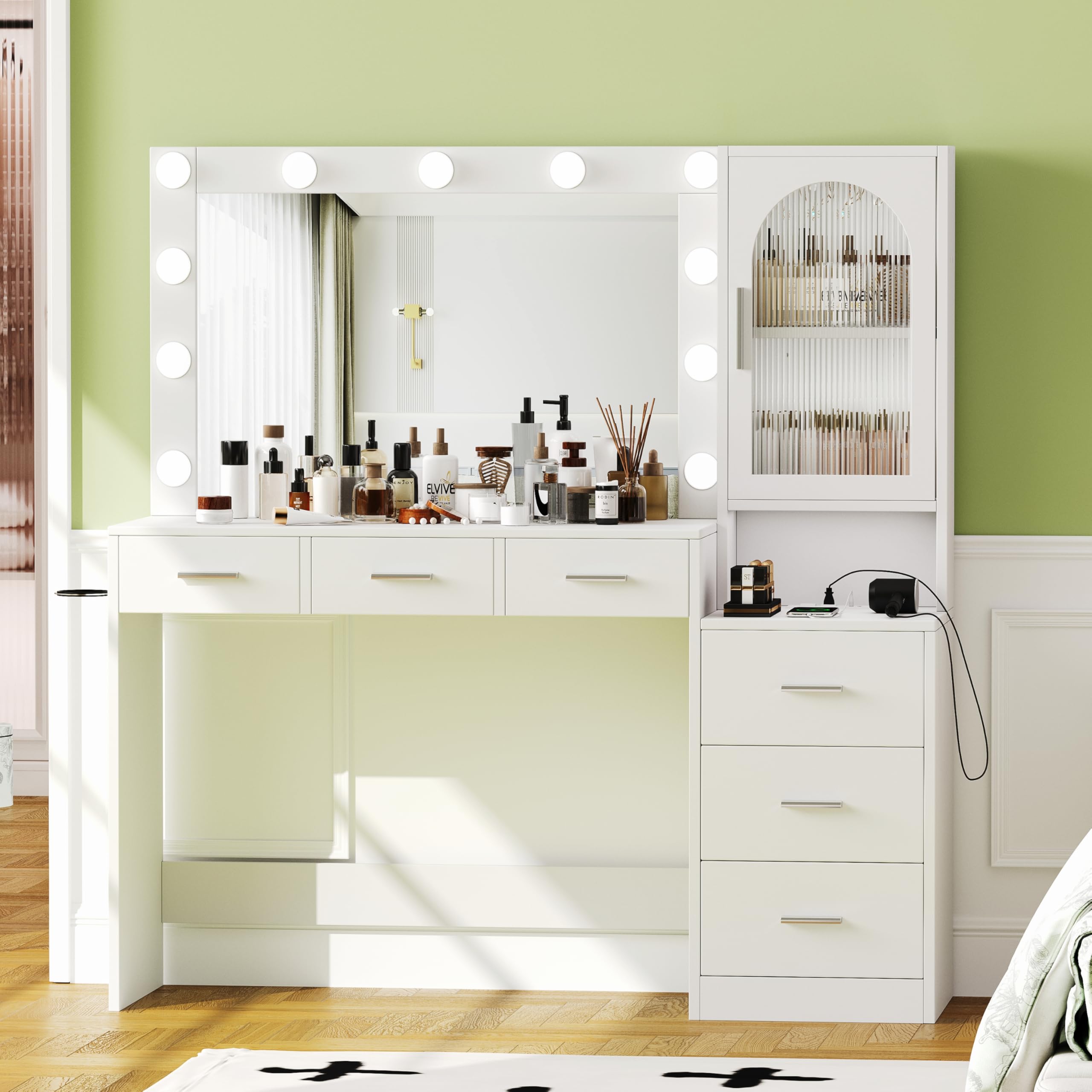 Rovaurx 50.6" Vanity Desk with Mirror and Lights, Large Makeup Vanity Table with 6 Drawers and Charging Station, Side Cabinet, Dressing Table for Bedroom, White RSZT115W