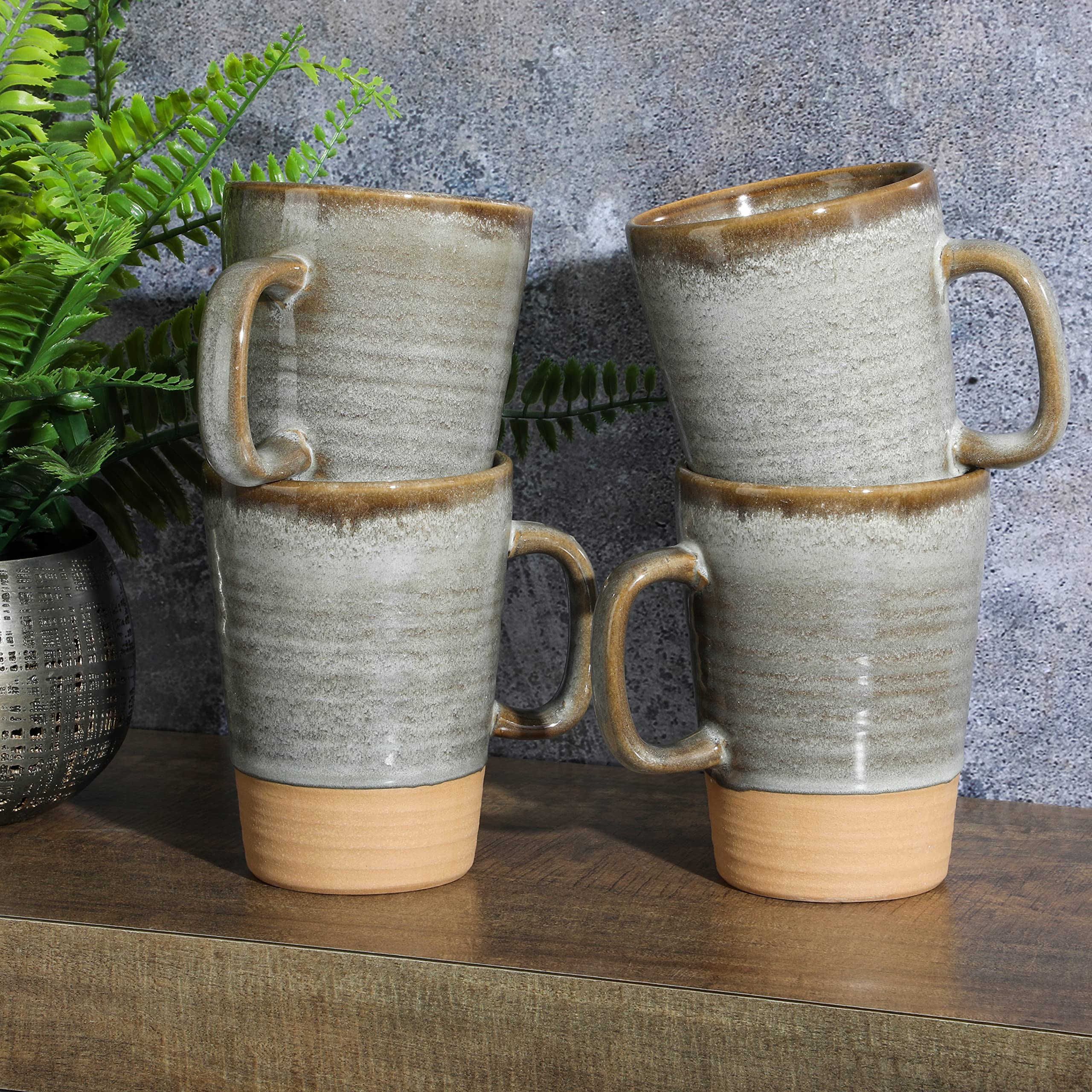Gibson Elite Mayfair Bay Embossed Double Bowl Dinnerware Set, Service for 4 (16pcs), Green and Gibson Elite 4 Pack Dreamweaver Terracotta Reactive 17 OZ Mug Set - Earthy Brown