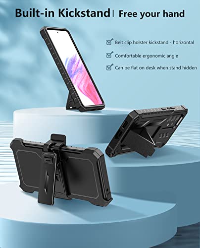 SOiOS for Samsung Galaxy A53 5G Case: with Built-in Screen Protector & Kickstand | Full-Body Dual Layer Rugged Belt-Clip Holster | Heavy Duty Shockproof Protective Phone Cover - 6.5inch - Black