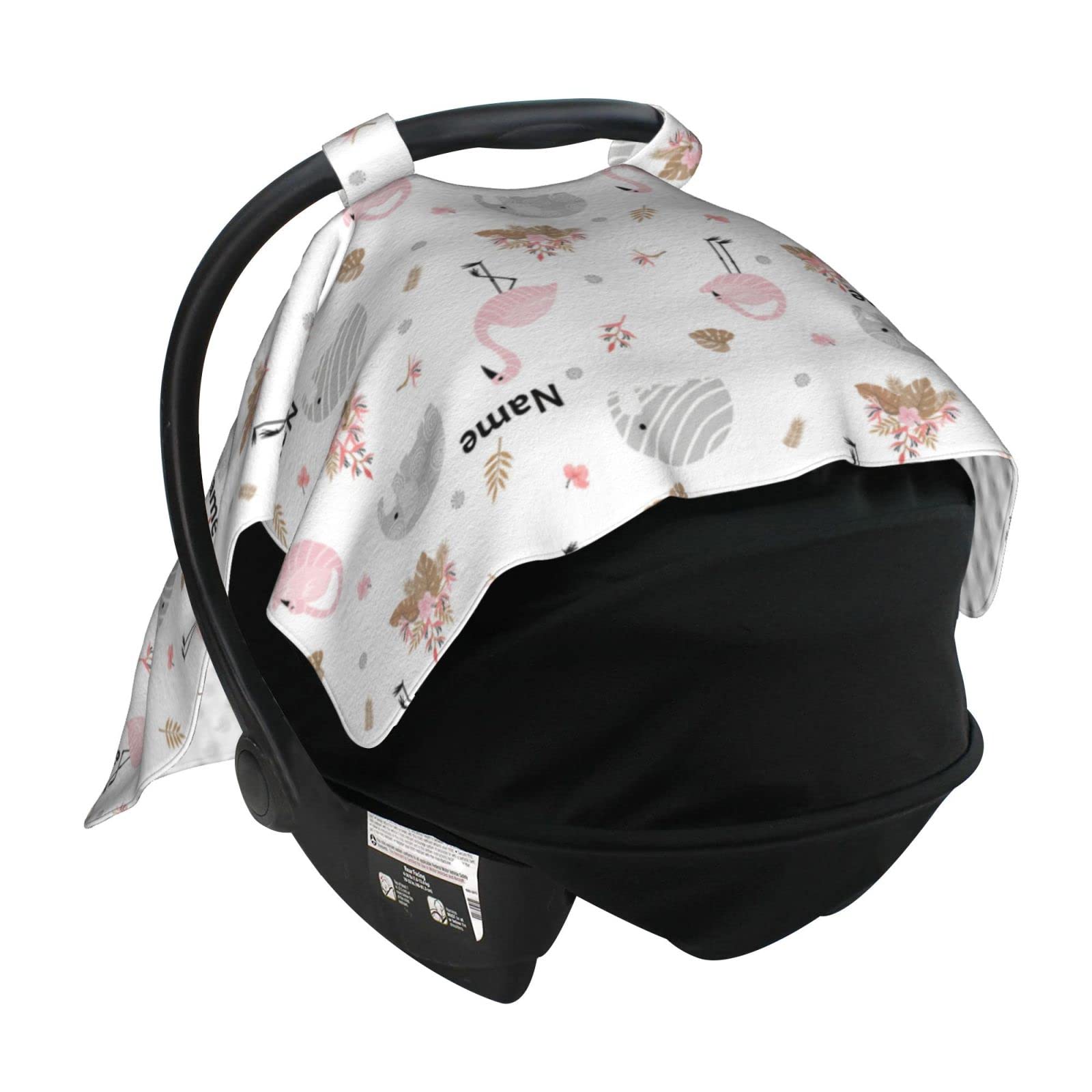 Personalized Baby Car Seat Cover Custom Name Childish Boho Elephant Flamingo Infant Carseat Canopy Multi-Use for Newborn Stroller Nursing Breastfeeding Cozy Soft Gift