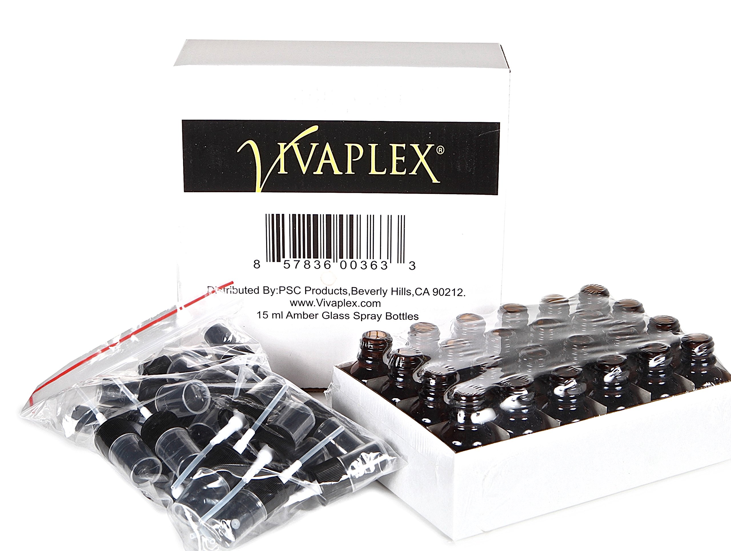 Vivaplex, 24, Amber, 15 ml (1/2 oz) Glass Bottles, with Black Fine Mist Sprayer's