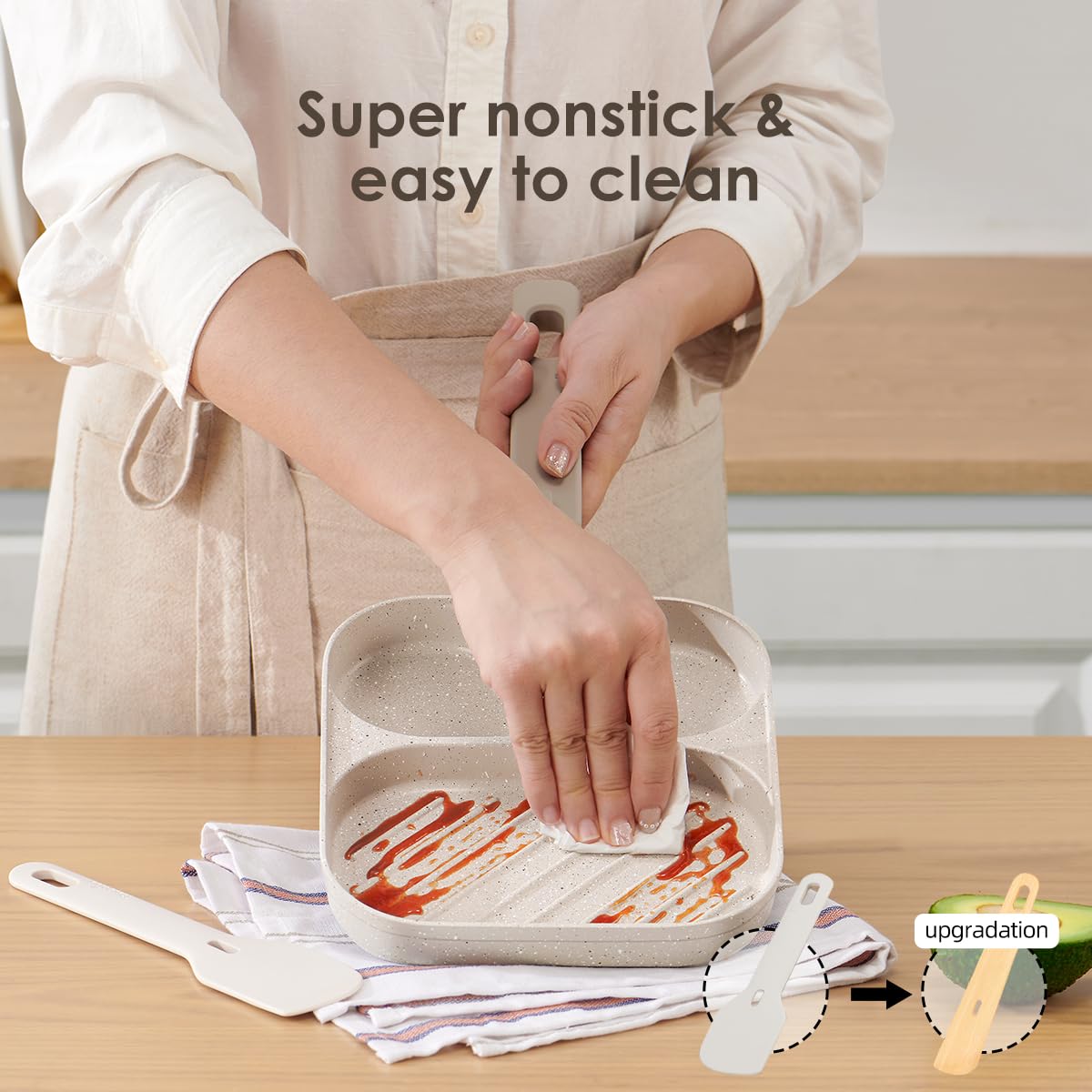 Taste plus Egg Pan Omelette Pan, Egg Frying Pan 3 Section, Nonstick Frying Pan for Breakfast, Compatible with Gas Stove & Induction Cookware, Light Grey