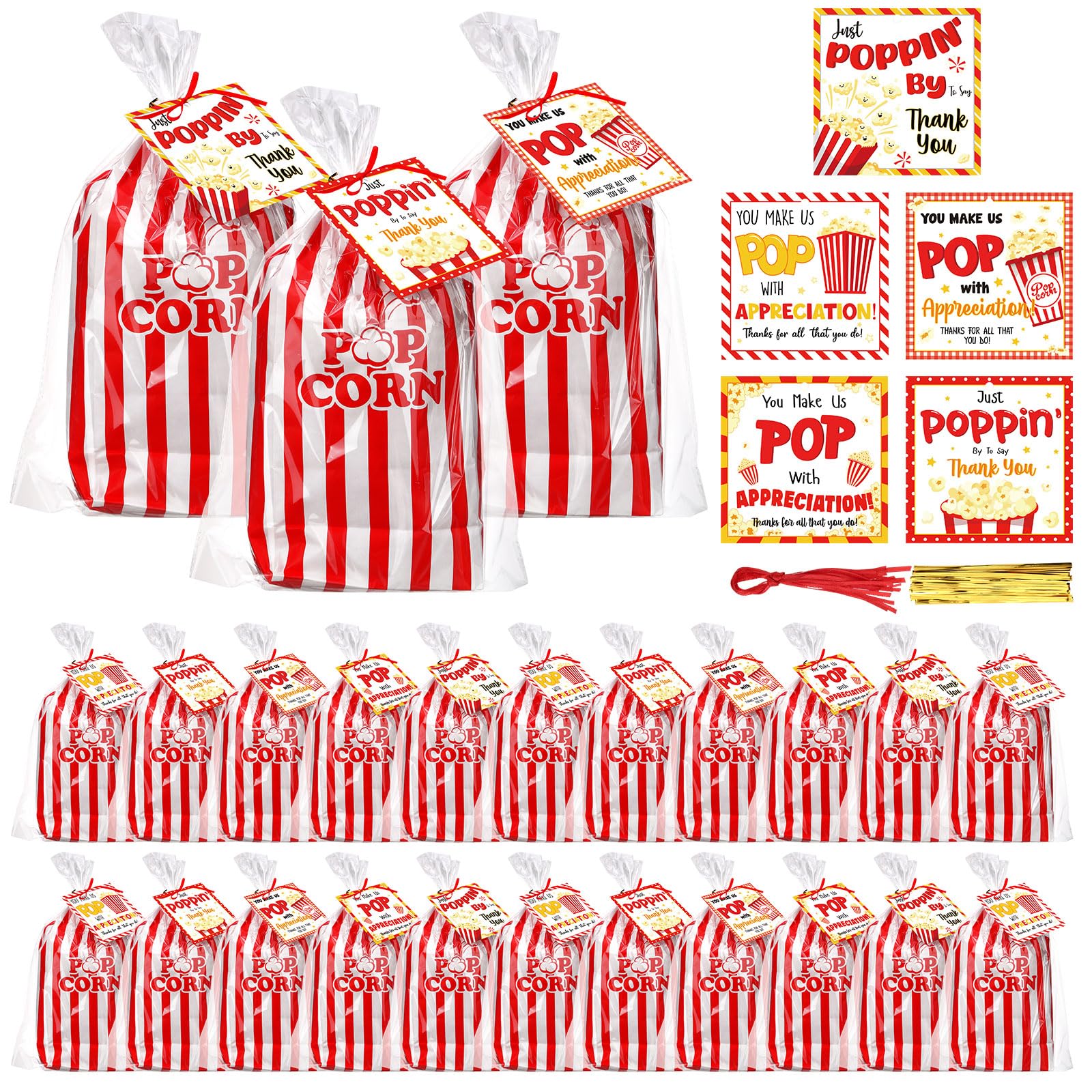 Rotatingpals 25 Sets Just Poppin' By to Say Thank You Bags with Gift Tag Bulk Flat Bottom Popcorn Paper Bag for Christmas Volunteer Teacher Staff Employee Appreciation Gift