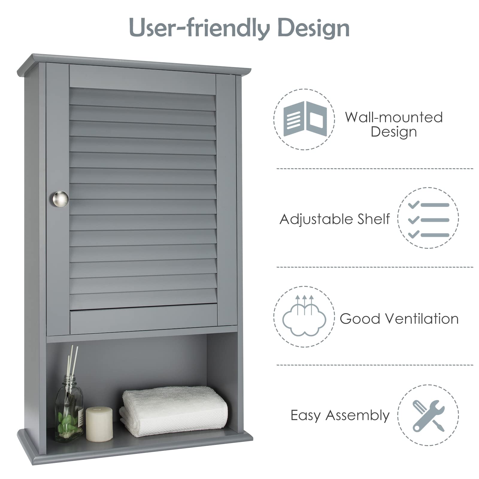 Tangkula Medicine Cabinet, Wall Mounted Bathroom Cabinet Single Door Wooden Bathroom Wall Cabinet with Adjustable Shelf (Grey)