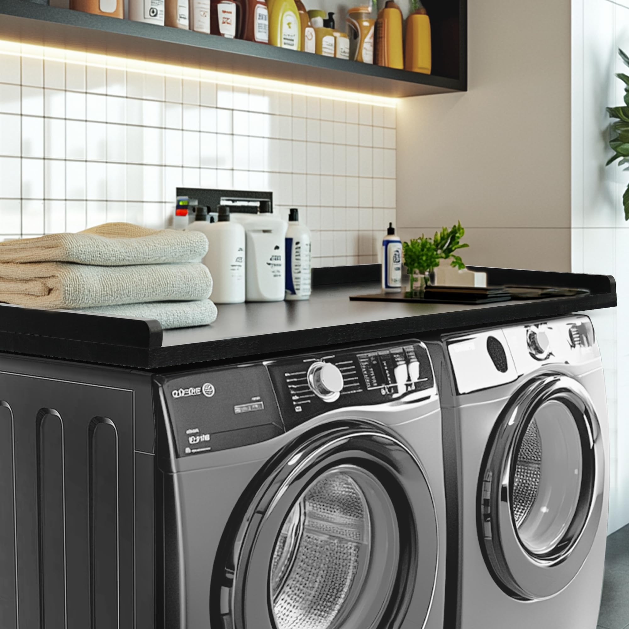 Murago Washer Dryer Countertop, 100% Hard Wood Laundry Topper with Anti-Static Coating, Edge Rails, Black