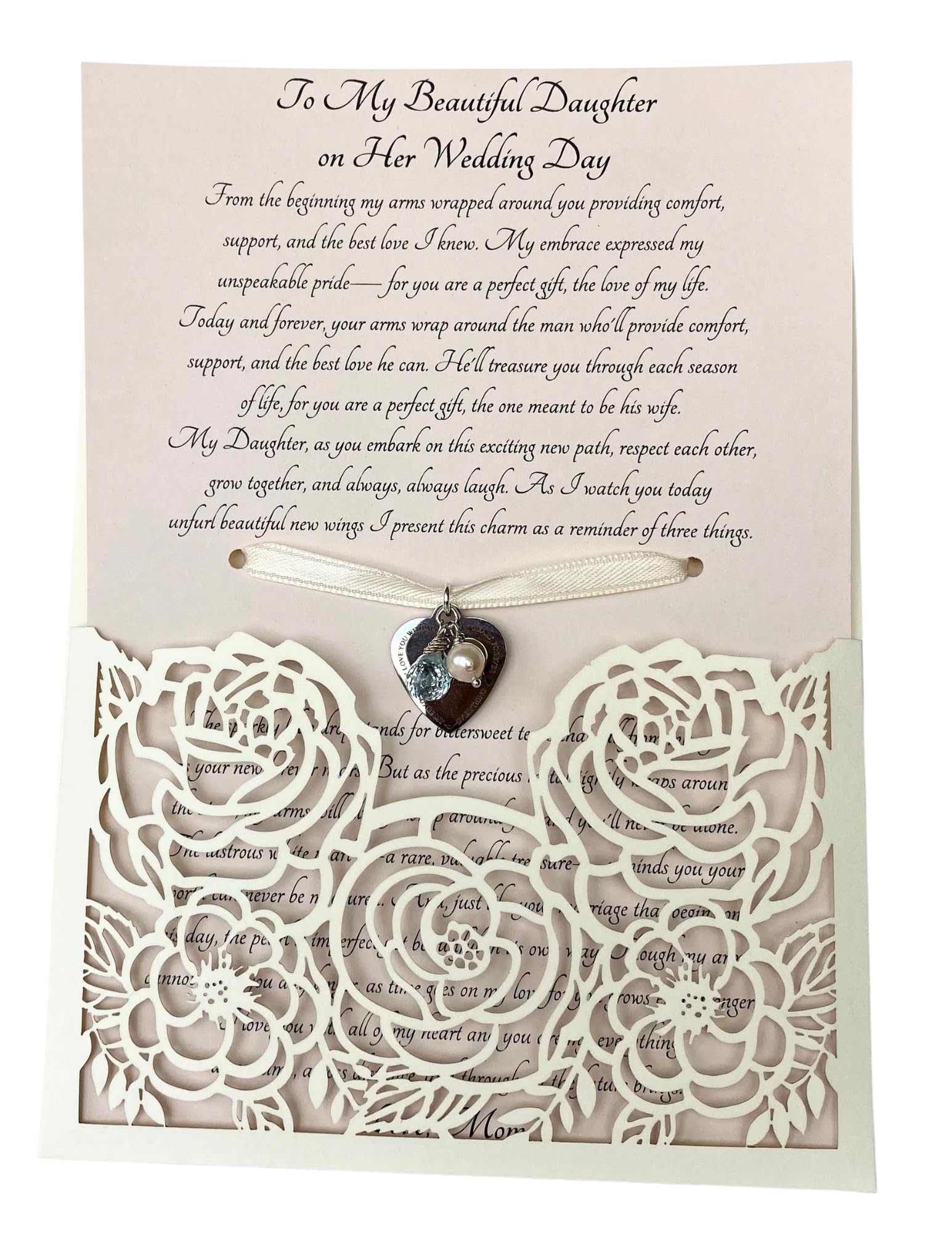 Gift for Daughter on Wedding Day-Bouquet Charm-Something Blue from Mom to Bride BCOW (Azure Blue, Send as Shown/Do not add custom names/date/closing)