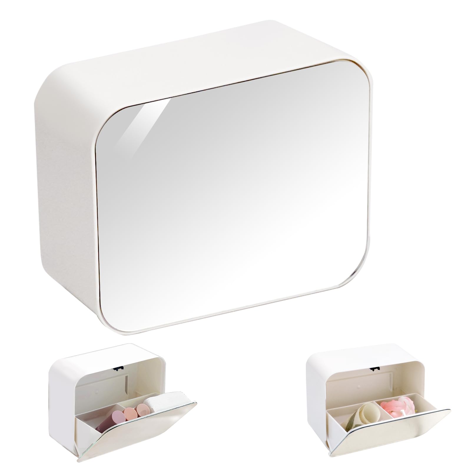 Realand Wall Qtip Holder with Mirror, Push Type Adhesive Bathroom Wall Organizer Dispenser with 2 Compartments for Cotton Swabs Balls Rounds Floss Pick Makeup Pads Hair Tie, Large