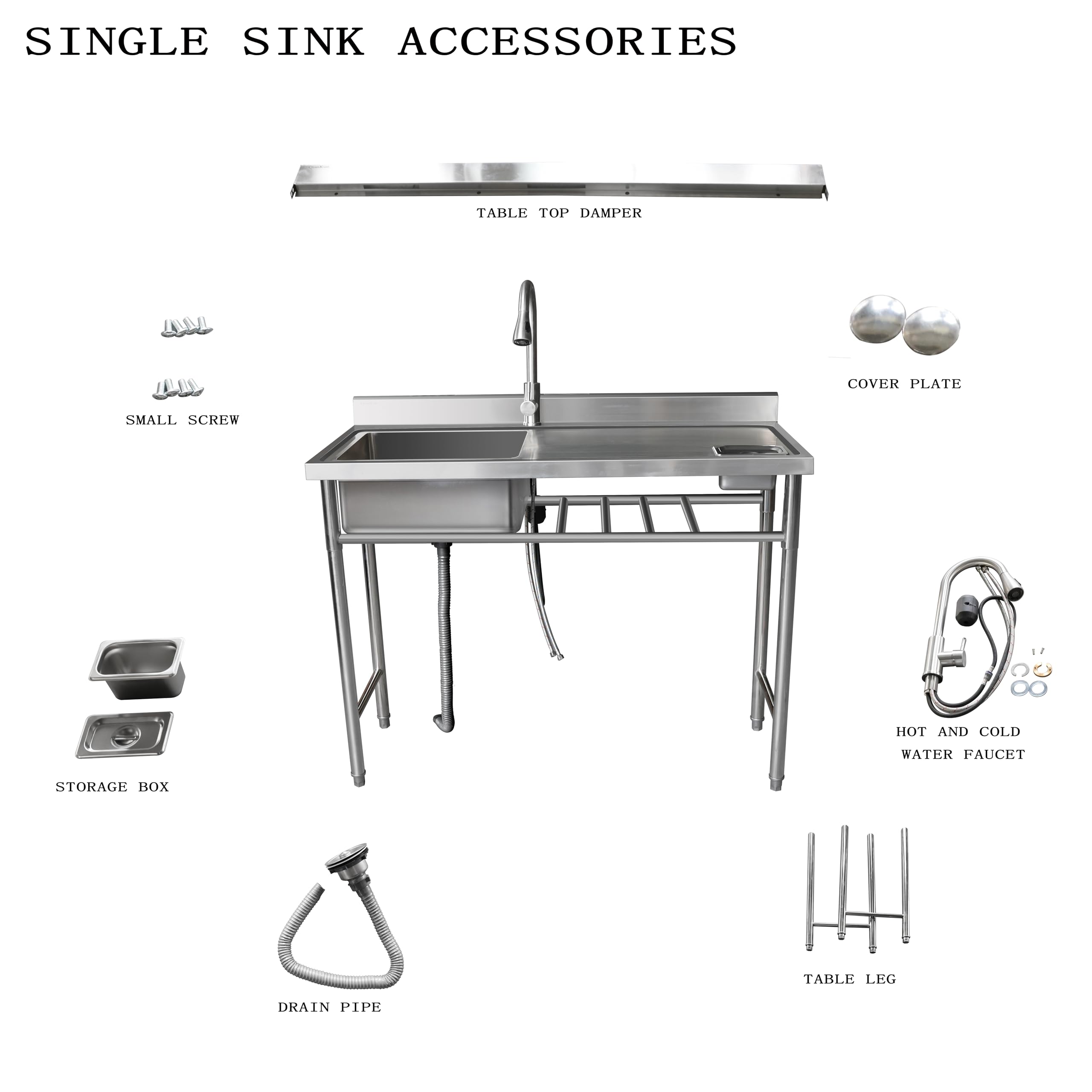 Qian Kun Free 304 Standing Stainless Steel Sink Utility Sink (Pull Down Sprayer & Drain Pipe) FreeStanding Outdoor Kitchen Sinks 47.2 * 19.7 * 35.4 Left Single Bowl Commercial Restaurant Sink NSF