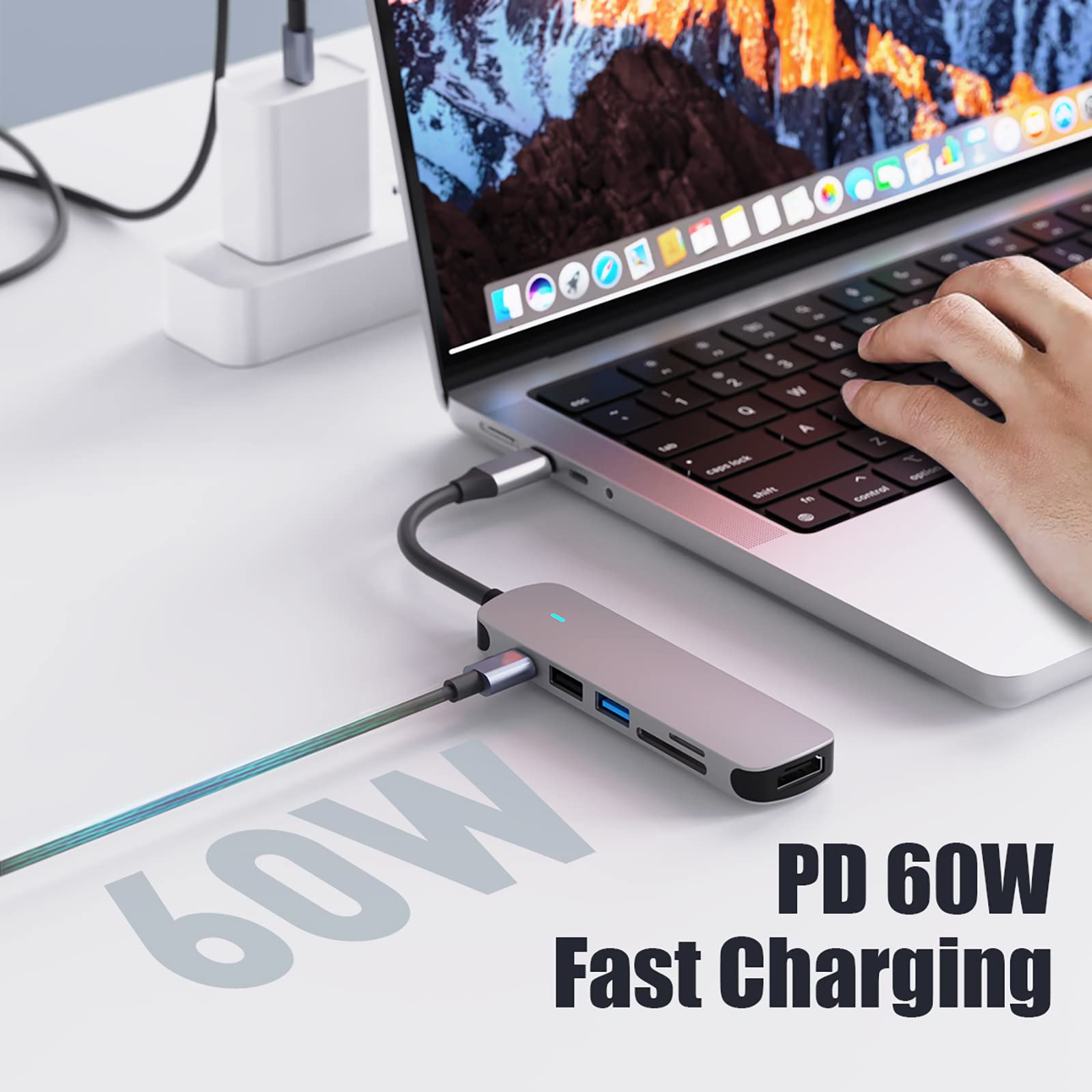MOSHOU USB-C Hub, 6-in-1Type-C to HDMI Adapter Aluminum with 4K HDMI, 60W Power Delivery, USB3.0 5 Gbps Data Ports, TF and SD Card Reader for MacBook Air, MacBook Pro, XPS, Switch Thunderbolt Splitter