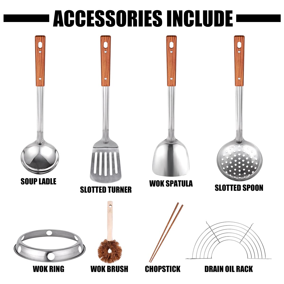 teewe 13.4” Chinese Wok Round Bottom Wok & 12.9” Wok Pan with Lid, Woks & Stir-fry Pans with 12 Cookware Accessories Bundle Deal